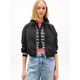 Kurzjacke Tommy Jeans "TJW TIE SIDE HIGH NECK JACKET", Damen, Gr. XL (42), schwarz, Web, Obermaterial: 100% Nylon, unifarben, relaxed fit h&uuml;ftlang, hoch geschlossener Ausschnitt, elastischer Bund, Jacken Kurzjacke, Taillenbund mit seitlichen Bindeb&auml;ndern