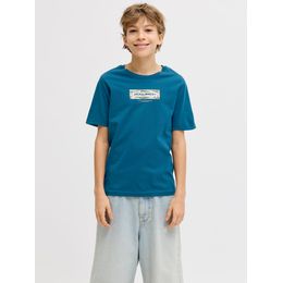 Jack & Jones T-Shirt JACK & JONES JUNIOR "JCOBREEZE BRANDED TEE SS CN FST JNR", Jungen, Gr. 128, poseidon, Single Jersey, Obermaterial: 100% Baumwolle, bedruckt, regular fit normal, Rundhals, Shirts T-Shirt