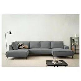 Wohnlandschaft Home Affaire "TVINNU, moderne U-Form, Couch in Cord oder Webstoff in Leinenoptik", dunkelgrau, B:354cm H:83cm T:193cm, Sofas, Wohnlandschaft, Recamiere rechts/links, schwarze Metallf&uuml;&szlig;e, bequeme Sitz-/Liegefl&auml;che