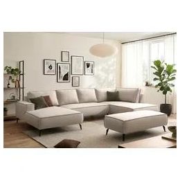 Wohnlandschaft Home Affaire "mit Hocker, TVINNU, moderne U-Form in Cord oder Leinenoptik", hellbeige, B:354cm H:83cm T:193cm, Sofas, Wohnlandschaft, Recamiere rechts/links, stellbar zum Schlafsofa (Krokodilverbinder)