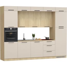 K&uuml;chenzeile KOCHSTATION "Luna, Einbauk&uuml;che, Zeilenk&uuml;che, mit Soft-Close Funktion, Made in Italy", beige (k&uuml;che: natur, front: kaschmir, eiche chopin, korpus: eiche chopinfarben, arbeitsplatte: eiche chopinfarben), B:300cm H:232cm T:60cm, Komplettk&uuml;chen-Sets, K&uuml;chenzeile, Breite 300 cm ohne E-Ger&auml;te, mit Sp&uuml;le+Siphon und Aufsatz