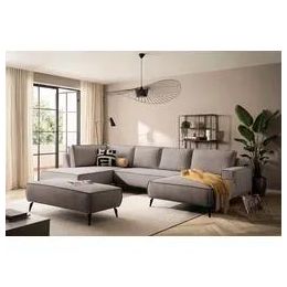 Wohnlandschaft Home Affaire "mit Hocker, TVINNU, moderne U-Form in Cord oder Leinenoptik", hellbraun, B:354cm H:83cm T:193cm, Sofas, Wohnlandschaft, Recamiere rechts/links, stellbar zum Schlafsofa (Krokodilverbinder)