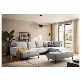 Wohnlandschaft Home Affaire "mit Hocker, TVINNU, moderne U-Form in Cord oder Leinenoptik", hellgrau, B:354cm H:83cm T:193cm, Sofas, Wohnlandschaft, Recamiere rechts/links, stellbar zum Schlafsofa (Krokodilverbinder)