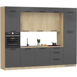 K&uuml;chenzeile KOCHSTATION "Luna, Einbauk&uuml;che, Zeilenk&uuml;che, mit Soft-Close Funktion, Made in Italy", grau (k&uuml;che: grau, front: anthrazit, eiche chopin, korpus: eiche chopinfarben, arbeitsplatte: eiche chopinfarben), B:300cm H:232cm T:60cm, Komplettk&uuml;chen-Sets, K&uuml;chenzeile, Breite 300 cm ohne E-Ger&auml;te, mit Sp&uuml;le+Siphon und Aufsatz
