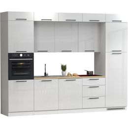 K&uuml;chenzeile KOCHSTATION "Luna, Einbauk&uuml;che, Zeilenk&uuml;che, mit Soft-Close Funktion, Made in Italy", wei&szlig; (k&uuml;che: wei&szlig;, front: wei&szlig; hochglanz, korpus: wei&szlig; matt, arbeitsplatte: eiche chopinfarben), B:300cm H:232cm T:60cm, Komplettk&uuml;chen-Sets, K&uuml;chenzeile, Breite 300 cm ohne E-Ger&auml;te, mit Sp&uuml;le+Siphon und Aufsatz