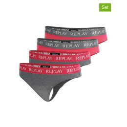 Anson Replay Underwear 4er-Set: Strings in Grau/ Rot - 58% | Gr&ouml;&szlig;e XS | Damen-unterteile