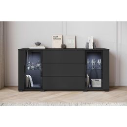 P & B Sideboard Caro, Schwarz, Glas, 2 F&auml;cher, 3 Schublade(n) Schubladen, kaltwei&szlig;, 150x69.7x39.5 cm, Fsc, stehend, Wohnzimmer, Kommoden & Sideboards, Sideboards