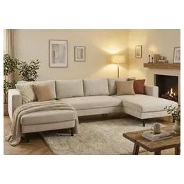 Wohnlandschaft Trendmanufaktur "Amazing II, wahlw. mit Schlaffunktion & Bettkasten, Fu&szlig; schwarz", cannoli cream, B:305cm H:81cm T:161cm, Sofas, Wohnlandschaft, Sofa in U-Form, in Cord, Struktur LEO o. Struktur LINO, Breite 305 cm