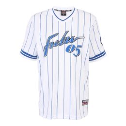 T-Shirt Fubu "Fubu Herren FM232-012-1 Fubu Retro Pinstripe Jersey", Herren, Gr. M, wei&szlig;, blau, 100% Polyester, gestreift, loose fit, V-Ausschnitt, Shirts T-Shirt