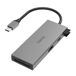 Hama USB-Adapter "USB-C Multiport Hub Laptop mit 6 Ports, USB-A, USB-C, HDMI, SD microSD", grau (anthrazit), B:9,25cm H:1,12cm T:4,3cm, Adapter, Laptop Dockingstation, kompakt, robustes Geh&auml;use, silberfarben, USB-Adapter