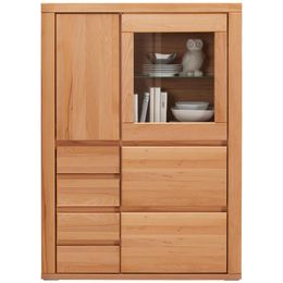 Voleo Highboard, Kernbuche, Holz, Glas, Holzwerkstoff, Kernbuche, massiv, 3 F&auml;cher, 4 Schublade(n) Schubladen, 98.4x139.6x37.7 cm, Beim&ouml;bel erh&auml;ltlich, stehend, Holzm&ouml;bel, Kleinm&ouml;bel Holz, Holzkommoden, Highboards Holz