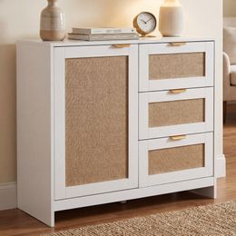 Kommode MCW-P50, Schrank Sideboard Highboard, Schubladen Staufach, MDF Melamin Leinenfront ~ wei&szlig;