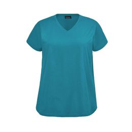 Kurzarmshirt GOLDNER "Shirt mit V-Ausschnitt", Damen, Gr. 42/44, blau (t&uuml;rkis), Obermaterial: 100% Baumwolle CO., V-Ausschnitt, Gerade, Shirts, Tiefer Rundhalsausschnitt