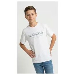Jack & Jones T-Shirt JACK & JONES JUNIOR "JJDEVIN DAYTONA PRINT TEE SS CN JNR", Jungen, Gr. 140, hellwei&szlig;, Single Jersey, Obermaterial: 100% Baumwolle, bedruckt, unifarben, regular fit normal, Rundhals, Shirts T-Shirt, mit Logoprint