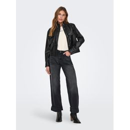 Weite Jeans Only "ONLELLA MW WIDE FOLD UP TAI523 DNM", Damen, Gr. XS (34), L&auml;nge 32, washed schwarz, Denim/Jeans, Obermaterial: 100% Baumwolle, unifarben, lang, Jeans, mittlere Taille, weite Beinform, washed black