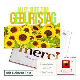 Pers&ouml;nliche Gru&szlig;karte mit Merci: Alles Gute zum Geburtstag (250 g)