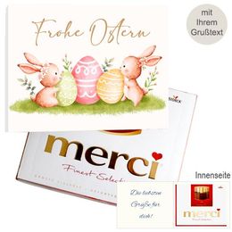 Pers&ouml;nliche Gru&szlig;karte mit Merci: Frohe Ostern (250 g)