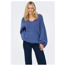 Jacqueline de Yong V-Ausschnitt-Pullover JDY "JDYDINEA L/S REVERSIBLE PULLOV. KNT NOOS", Damen, Gr. M, blau (bleached denim), Strick, Obermaterial: 80% Polyacryl, 20% Polyester, unifarben, loose fit h&uuml;ftlang, V-Ausschnitt, weit Strickb&uuml;ndchen, Pullover, Kunstfaser, regular fit