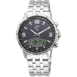 Funk-Multifunktionsuhr ETT "Professional WorldTimer", silber (silberfarben, schwarz), Armbanduhren, Herren, Armbanduhr, Herrenuhr, Stoppfunktion, Datum, Solar, Edelstahlarmband