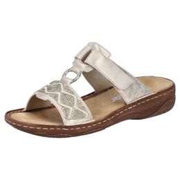 Pantolette Rieker, Damen, Gr. 38, beige (hellbeige), Lederimitat, metallic, Schuhe Pantolette, Sommerschuh, Strandschuh, Schlappen, Urlaubschuh mit Klettverschluss