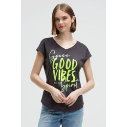 V-Shirt SOCCX, Damen, Gr. M, charcoal mist, Single Jersey, Material: 100% Baumwolle, Glitzermuster, bedruckt, regular fit normal, V-Ausschnitt, angeschnitten gerader Abschluss, Shirts, mit &uuml;berschnittenen Schultern