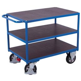 VARIOfit Schwerer Tischwagen 1000 kg mit 3 Ladefl&auml;chen Typ L + EasySTOP - Enzianblau