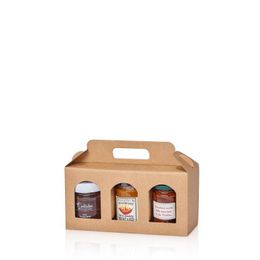 50 x Geschenkbox mit Henkel "Gourmet Trio Natur" 250 x 80 x 120 mm