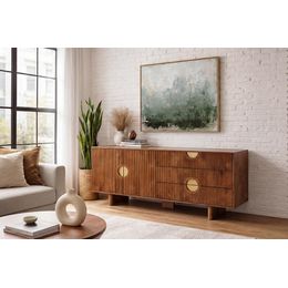 Riess Ambiente Massives Sideboard MADISON 180cm braun Mangoholz mit Schubladen und strukturierter Front Riess-Ambiente Boheme Modern Natur Rustikal