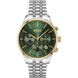 Chronograph BOSS "AVERY", silber (silberfarben, gr&uuml;n), Armbanduhren, Herren, Chronograph, Quarzuhr, Herrenuhr, Armbanduhr, Stoppfunktion, Edelstahlarmband