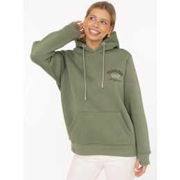 Hoodie Zwillingsherz "Wings", Damen, Gr. S/M, olive, Sweatware, Obermaterial: 50% Baumwolle, 50% Polyester, comfort fit Po-bedeckend, ohne Ausschnitt, angesetztes B&uuml;ndchen mit Daumenl&ouml;chern, Sweatshirts Hoodie, glamour&ouml;se Stickerei mit Fl&uuml;geln, Pailletten, gl&auml;nzende Kordel