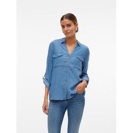 V&eacute;ro Moda Hemdbluse VERO MODA "VMBREE 7/8 SLEEVE LOOSE TENCEL SHIRT GA", Damen, Gr. M, blau (medium blau denim), Obermaterial: 100% Lyocell, unifarben, loose fit h&uuml;ftbedeckend, V-Ausschnitt, Krempel&auml;rmel abgesteppte Kante krempelbar, Blusen Hemdbluse, im Denim-Look und mit Riegel am Arm