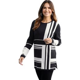 Damen Longpullover mit Grafik-Muster schwarz-wei&szlig;-gemustert, Gr&ouml;&szlig;e 38