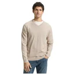 V-Ausschnitt-Pullover Tom Tailor, Herren, Gr. 3XL, beige (cashew beige melange), Strick, Obermaterial: 100% Baumwolle, meliert, regular fit normal, V-Ausschnitt, Rippb&uuml;ndchen, Pullover, mit kleiner Logo-Stickerei