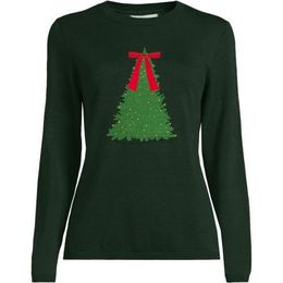 LANDS' END Feinstrick-Weihnachtspullover Schleife, Damen,  Gr&uuml;n, Baumwolle/Polyester/Metall, by Lands' End