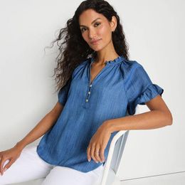 LANDS' END Bluse aus TENCEL mit R&uuml;schenkragen, Damen,  Blau, Kunstseide/Lyocell (Viskose), by Lands' End