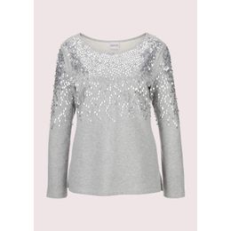 Madeleine Mode Langarmshirt MADELEINE "Sweatshirt Glitzeroberteil mit funkelnden Details", Damen, Gr. 38, silber (graumelange, silberfarben), Obermaterial: 60% Polyester PES. 24% Viskose CV. 16% metallisierte Fasern MTF., Modern, normal, Shirts Langarmshirt, Glanzeffekte durch Pailletten