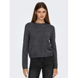 Strickpullover Only "ONLTAMMY LS LACE MIX O-NECK BF KNT", Damen, Gr. S, dunkelgrau melange detail:schwarz lace, Strick, Obermaterial: 72% Polyacryl, 25% Polyester, 3% Elasthan, meliert, unifarben mit Farbeinsatz, regular fit, Rundhals, Pullover Strickpullover