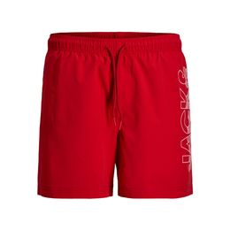Jack & Jones PlusSize Badeshorts "JPSTMAUI WAVE LOGO SWIM SHORTS SN PLS", Gr. 46, N-Gr, true rot, Web, Polyester, JACK & JONES PLUSSIZE, unifarben, Badehosen Badeshorts