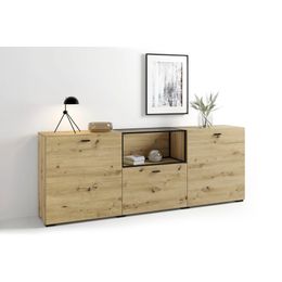 Sideboard ByLiving "Frame", artisan eiche, B:200cm H:75,5cm T:37,5cm, FSC-zertifizierter Holzwerkstoff, Glas, Kunststoff, Metall, Sideboards, Sideboard, moderne Kommode mit Metalleinsatz und Glasplatte, 200cm breit.