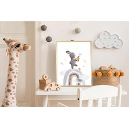 Bild mit Rahmen queence "Hase mit Blume", grau (farbe rahmen: natur, braun, beige, farbe bild(er): grau), B:50cm H:70cm T:1,5cm, Holz, Plexiglas, Bilder, Bild mit Rahmen, HD Premium Posterdruck mit Echtholzrahmen