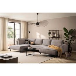 Wohnlandschaft Home Affaire "Tvinnu, moderne U-Form, Couch in Cord oder Webstoff in Leinenoptik", hellbraun, B:354cm H:83cm T:193cm, Sofas, Wohnlandschaft, Recamiere rechts/links, schwarze Metallf&uuml;&szlig;e, bequeme Sitz-/Liegefl&auml;che