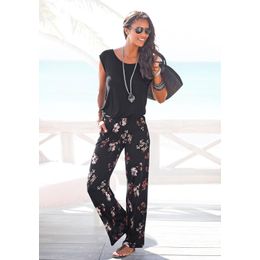 Overall Lascana, Damen, Gr. 38, N-Gr, bunt (bedruckt), Jersey, Obermaterial: 100% Viskose, bedruckt, figurumspielend lang, Rundhals, Overalls Overall, mit weitem Bein und Taschen, lockerer Jumpsuit, sommerlich, Topseller