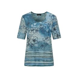 Kurzarmshirt GOLDNER "Kurzgr&ouml;&szlig;e Druckshirt mit floralem Muster", Damen, Gr. 20, blau (blau, gemustert), Obermaterial: 50% Viskose CV. 45% Polyester PES. 5% Elasthan EL., figurumspielend, Shirts Kurzarmshirt, stretchbequemer Jersey
