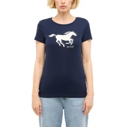 Kurzarmshirt Mustang "Damen Style Loa", Damen, Gr. S, blau (dunkelblau), Jersey, 100% Baumwolle, Rundhals, Shirts Kurzarmshirt