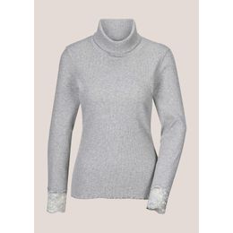 Madeleine Mode Langarmshirt MADELEINE "Rollkragenshirt Elegantes Basicshirt mit Spitze, Rollkragen", Damen, Gr. 38, grau (graumelange), Obermaterial: 74% Wolle mw. 10% Polyester PES. 9% Kaschmir WS. 2% diverse Faserarten dF. 2% Polyamid PA., Modern, normal, Shirts Langarmshirt, Spitzenbesatz am &Auml;rmelabschluss