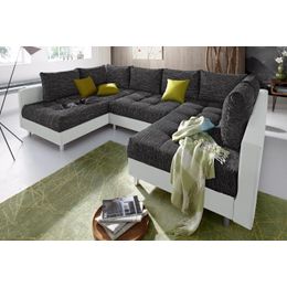 Wohnlandschaft Collection AB "Antonia U-Form", schwarz (hellgrau, schwarz), B:298cm H:86cm T:184cm, Luxus-Kunstleder / Struktur (100% Polyester);Microfaser PRIMABELLE (100% Polyester) / Struktur (20% Polyacryl; 80% Polyester);Zierkissen: 100% Polyester;Kunstleder SOFTLUX / Struktur (20% Polyacryl; 80% Polyester), Sofas, Wohnlandschaft, mit Federkern und zus&auml;tzlichem Hocker