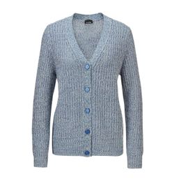 Strickjacke GOLDNER "Langarm Strickjacke mit V-Ausschnitt", Damen, Gr. 54, blau (marine, wei&szlig;, gemustert), Obermaterial: 54% Baumwolle CO. 27% Polyacryl PAN. 19% Polyester PES., Basic, gerade, Rippe, Strickjacken Strickjacke, Multicolor-B&auml;ndchengarn