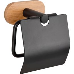 Toilettenpapierhalter Wenko "Turbo-Loc Orea Bamboo", schwarz (schwarz, natur), B:13,5cm H:12cm L:7cm, Edelstahl, Massivholz, Toilettenpapierhalter, Toilettenpapierhalter, Befestigen ohne bohren