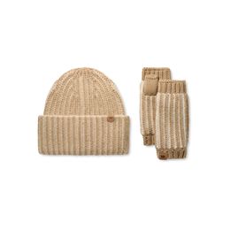 UGG Australia Strickm&uuml;tze UGG "Chunky Plaited Set", Damen, beige geringelt, Strick, Materialmix, mehrfarbig, M&uuml;tzen Strickm&uuml;tze, Strickm&uuml;tze mit Handstulpen im Set