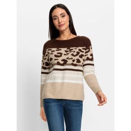 Jacquardpullover Heine "Pullover", Damen, Gr. 48, braun (schoko, camel, gemustert), 49% Polyacryl, 27% Polyester, 14% Polyamid, 6% Wolle, 4% Elasthan, gemustert, unifarben, Pullover Jacquardpullover